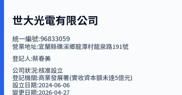 世大光電有限公司的照片-統編 96833059(宜蘭縣) 公司登記資料與營業項目詳細圖表