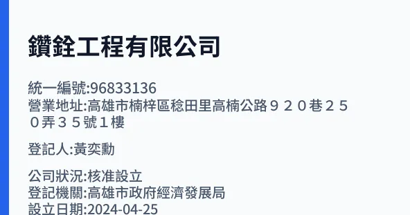 鑽銓工程有限公司的照片-統編 96833136(高雄市) 公司登記資料與營業項目詳細圖表
