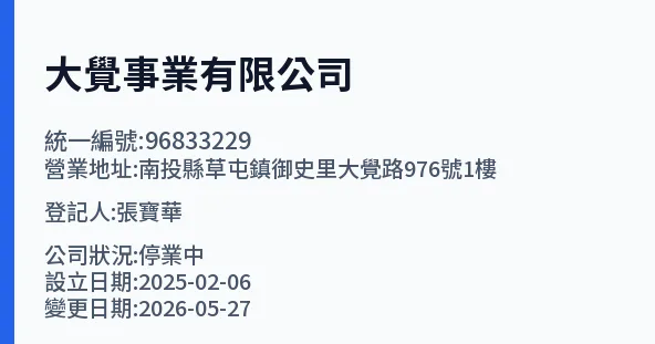 大覺事業有限公司的照片-統編 96833229(南投縣) 公司登記資料與營業項目詳細圖表