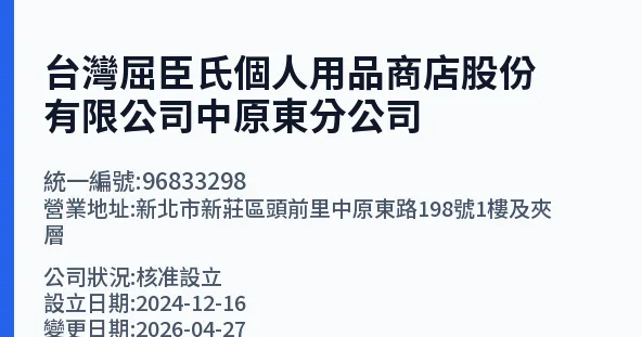 台灣屈臣氏個人用品商店股份有限公司中原東分公司的照片-統編 96833298(新北市) 公司登記資料與營業項目詳細圖表