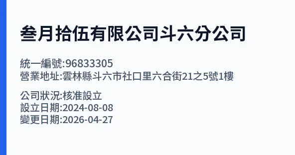叁月拾伍有限公司斗六分公司的照片-統編 96833305(雲林縣) 公司登記資料與營業項目詳細圖表