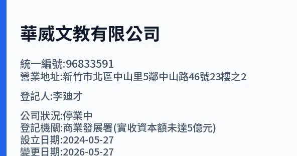 華威文教有限公司的照片-統編 96833591(新竹市) 公司登記資料與營業項目詳細圖表