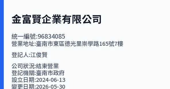金富賢企業有限公司的照片-統編 96834085(臺南市) 公司登記資料與營業項目詳細圖表
