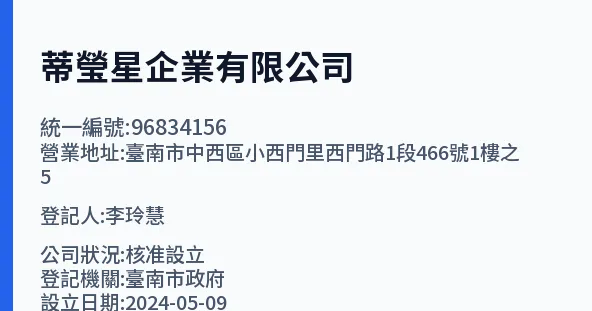 蒂瑩星企業有限公司的照片-統編 96834156(臺南市) 公司登記資料與營業項目詳細圖表