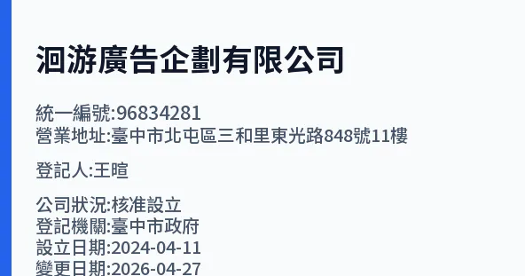 洄游廣告企劃有限公司的照片-統編 96834281(臺中市) 公司登記資料與營業項目詳細圖表