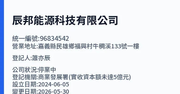 辰邦能源科技有限公司的照片-統編 96834542(嘉義縣) 公司登記資料與營業項目詳細圖表