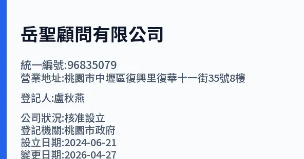 岳聖顧問有限公司的照片-統編 96835079(桃園市) 公司登記資料與營業項目詳細圖表