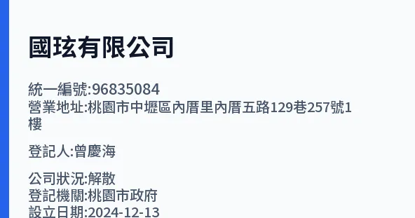 國玹有限公司的照片-統編 96835084(桃園市) 公司登記資料與營業項目詳細圖表