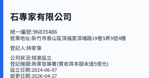 石專家有限公司的照片-統編 96835486(新竹市) 公司登記資料與營業項目詳細圖表