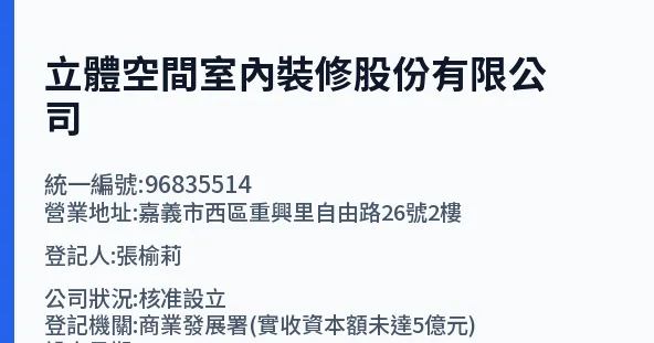 立體空間室內裝修股份有限公司的照片-統編 96835514(嘉義市) 公司登記資料與營業項目詳細圖表