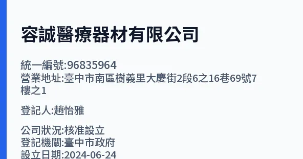 容誠醫療器材有限公司的照片-統編 96835964(臺中市) 公司登記資料與營業項目詳細圖表