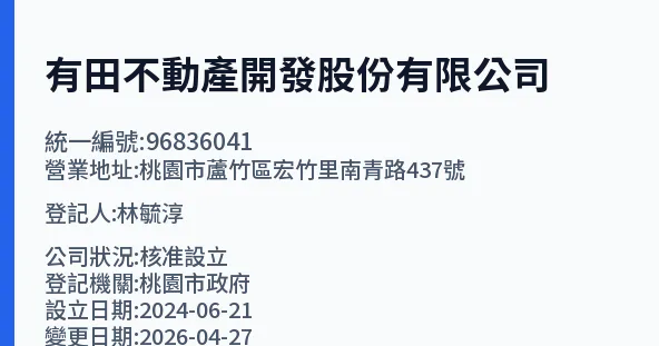有田不動產開發股份有限公司的照片-統編 96836041(桃園市) 公司登記資料與營業項目詳細圖表