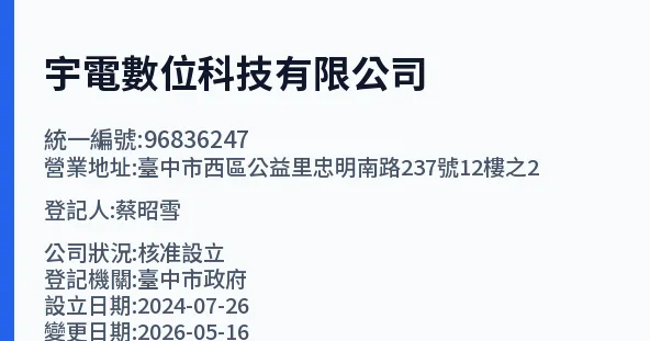 宇電數位科技有限公司的照片-統編 96836247(臺中市) 公司登記資料與營業項目詳細圖表
