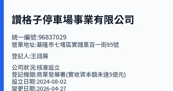 讚格子停車場事業有限公司的照片-統編 96837029(基隆市) 公司登記資料與營業項目詳細圖表