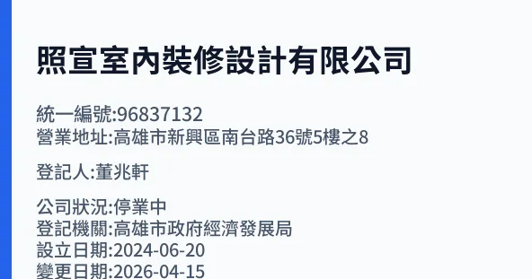 照宣室內裝修設計有限公司的照片-統編 96837132(高雄市) 公司登記資料與營業項目詳細圖表