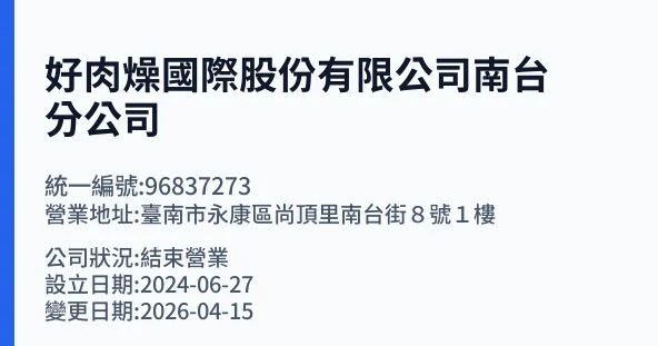 好肉燥國際股份有限公司南台分公司的照片-統編 96837273(臺南市) 公司登記資料與營業項目詳細圖表
