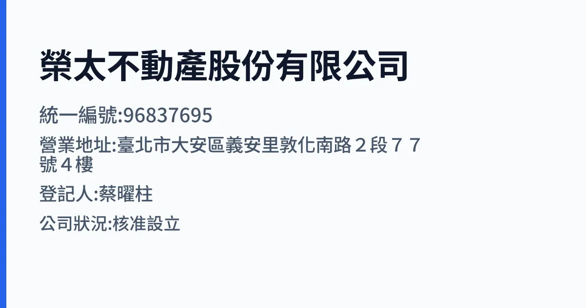 榮太不動產股份有限公司 - 統編 96837695(臺北市) 公司登記資料與營業項目詳細圖表