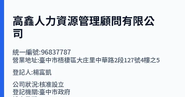 高鑫人力資源管理顧問有限公司的照片-統編 96837787(臺中市) 公司登記資料與營業項目詳細圖表