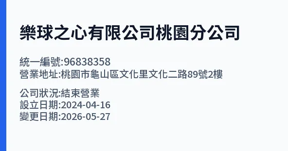 樂球之心有限公司桃園分公司的照片-統編 96838358(桃園市) 公司登記資料與營業項目詳細圖表