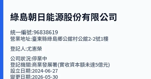 綠島朝日能源股份有限公司的照片-統編 96838619(臺東縣) 公司登記資料與營業項目詳細圖表