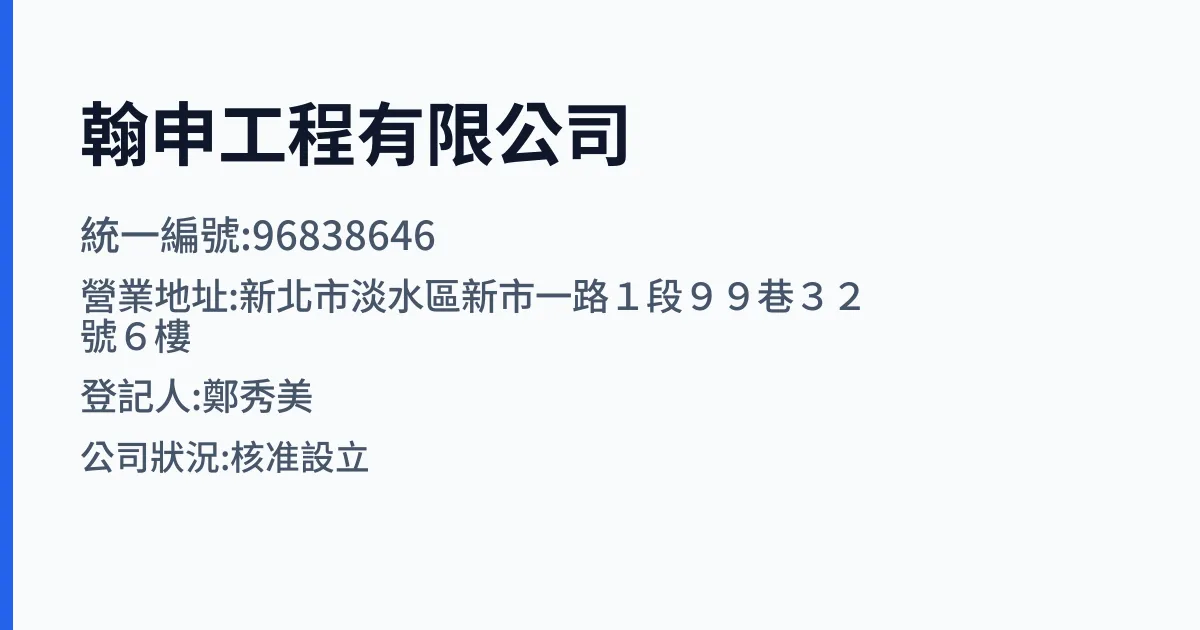 翰申工程有限公司 - 統編 96838646(新北市) 公司登記資料與營業項目詳細圖表