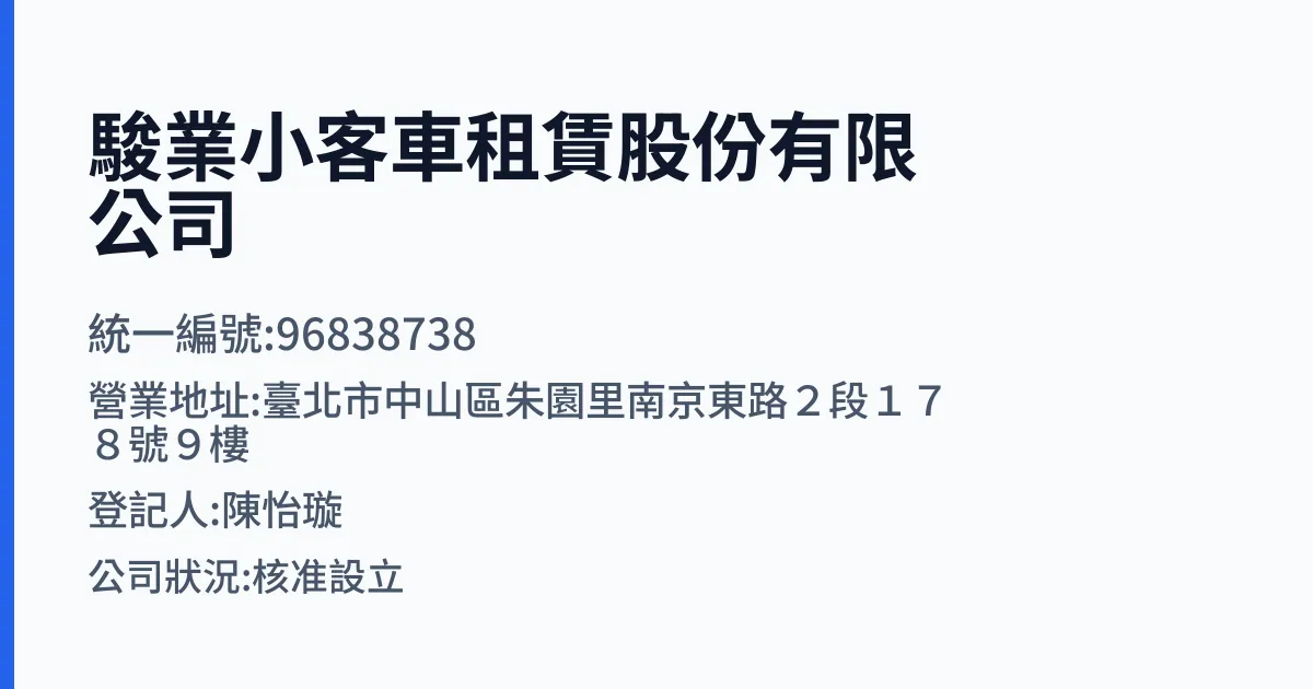 駿業小客車租賃股份有限公司 - 統編 96838738（臺北市） 公司登記資料與營業項目詳細圖表