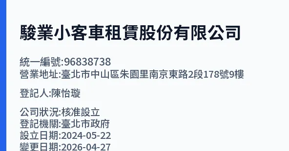 駿業小客車租賃股份有限公司的照片-統編 96838738(臺北市) 公司登記資料與營業項目詳細圖表