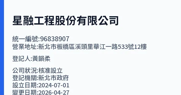 星融工程股份有限公司的照片-統編 96838907(新北市) 公司登記資料與營業項目詳細圖表