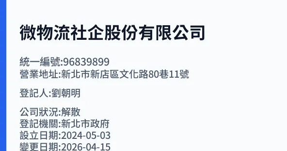 微物流社企股份有限公司的照片-統編 96839899(新北市) 公司登記資料與營業項目詳細圖表