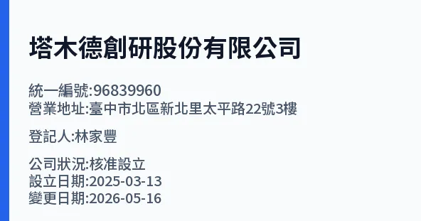 塔木德創研股份有限公司的照片-統編 96839960(臺中市) 公司登記資料與營業項目詳細圖表