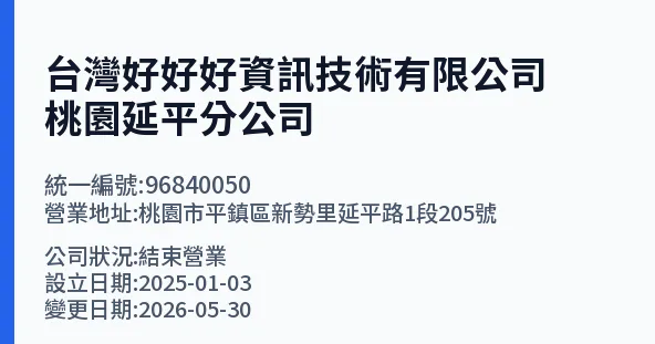 台灣好好好資訊技術有限公司桃園延平分公司的照片-統編 96840050(桃園市) 公司登記資料與營業項目詳細圖表