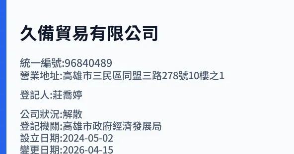 久備貿易有限公司的照片-統編 96840489(高雄市) 公司登記資料與營業項目詳細圖表