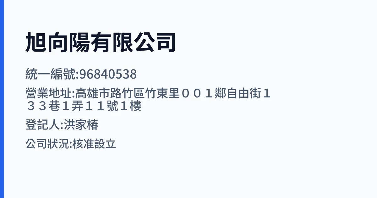旭向陽有限公司 - 統編 96840538(臺北市) 公司登記資料與營業項目詳細圖表