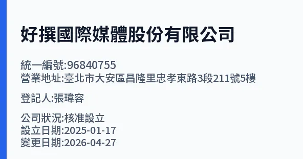 好撰國際媒體股份有限公司的照片-統編 96840755(臺北市) 公司登記資料與營業項目詳細圖表