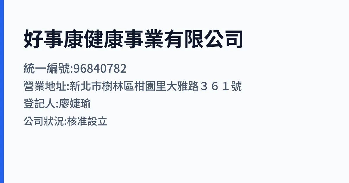 好事康健康事業有限公司 - 統編 96840782（新北市） 公司登記資料與營業項目詳細圖表