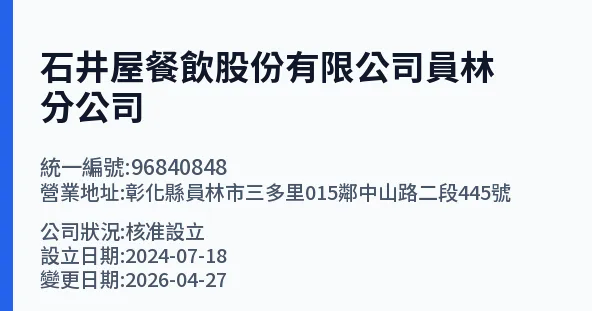 石井屋餐飲股份有限公司員林分公司的照片-統編 96840848(彰化縣) 公司登記資料與營業項目詳細圖表