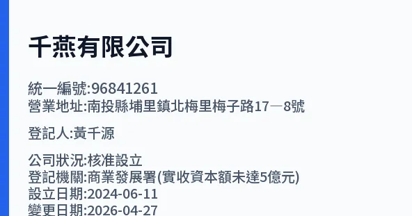 千燕有限公司的照片-統編 96841261(南投縣) 公司登記資料與營業項目詳細圖表