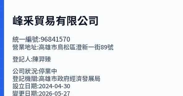 峰釆貿易有限公司的照片-統編 96841570(高雄市) 公司登記資料與營業項目詳細圖表