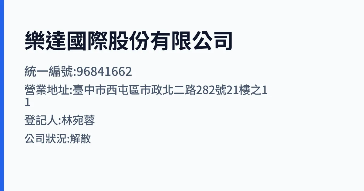 樂達國際股份有限公司 - 統編 96841662(臺中市) 公司登記資料與營業項目詳細圖表