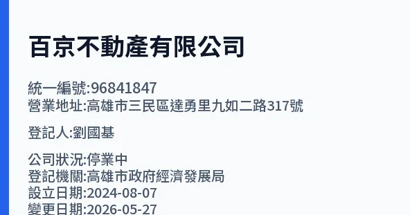 百京不動產有限公司的照片-統編 96841847(高雄市) 公司登記資料與營業項目詳細圖表