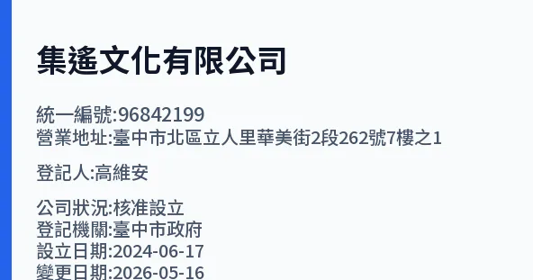 集遙文化有限公司的照片-統編 96842199(臺中市) 公司登記資料與營業項目詳細圖表