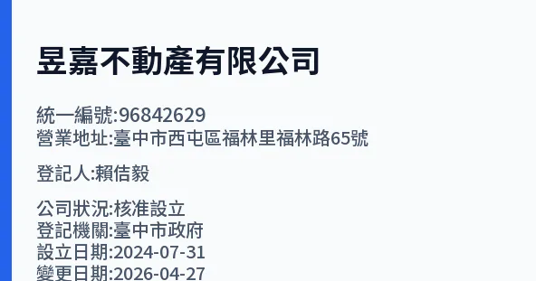 昱嘉不動產有限公司的照片-統編 96842629(臺中市) 公司登記資料與營業項目詳細圖表