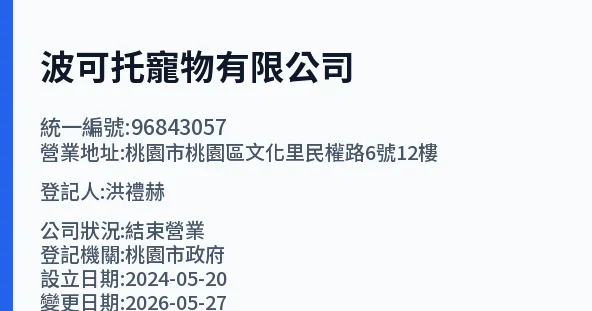 波可托寵物有限公司的照片-統編 96843057(桃園市) 公司登記資料與營業項目詳細圖表
