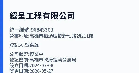 鍏呈工程有限公司的照片-統編 96843303(高雄市) 公司登記資料與營業項目詳細圖表