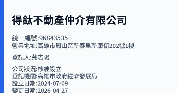 得鈦不動產仲介有限公司的照片-統編 96843535(高雄市) 公司登記資料與營業項目詳細圖表
