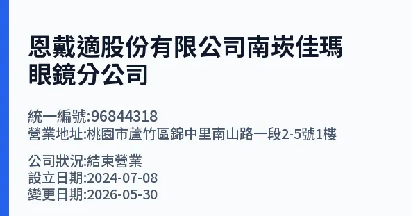 恩戴適股份有限公司南崁佳瑪眼鏡分公司的照片-統編 96844318(桃園市) 公司登記資料與營業項目詳細圖表