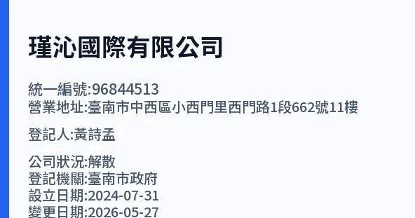 瑾沁國際有限公司的照片-統編 96844513(臺南市) 公司登記資料與營業項目詳細圖表