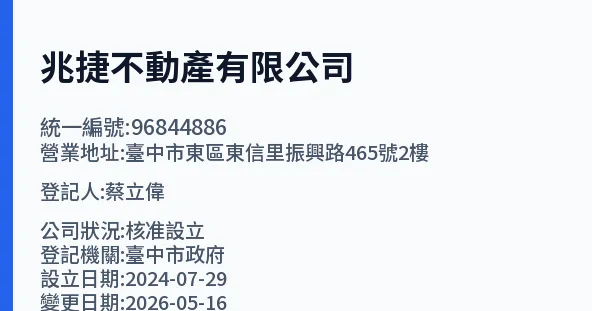 兆捷不動產有限公司的照片-統編 96844886(臺中市) 公司登記資料與營業項目詳細圖表