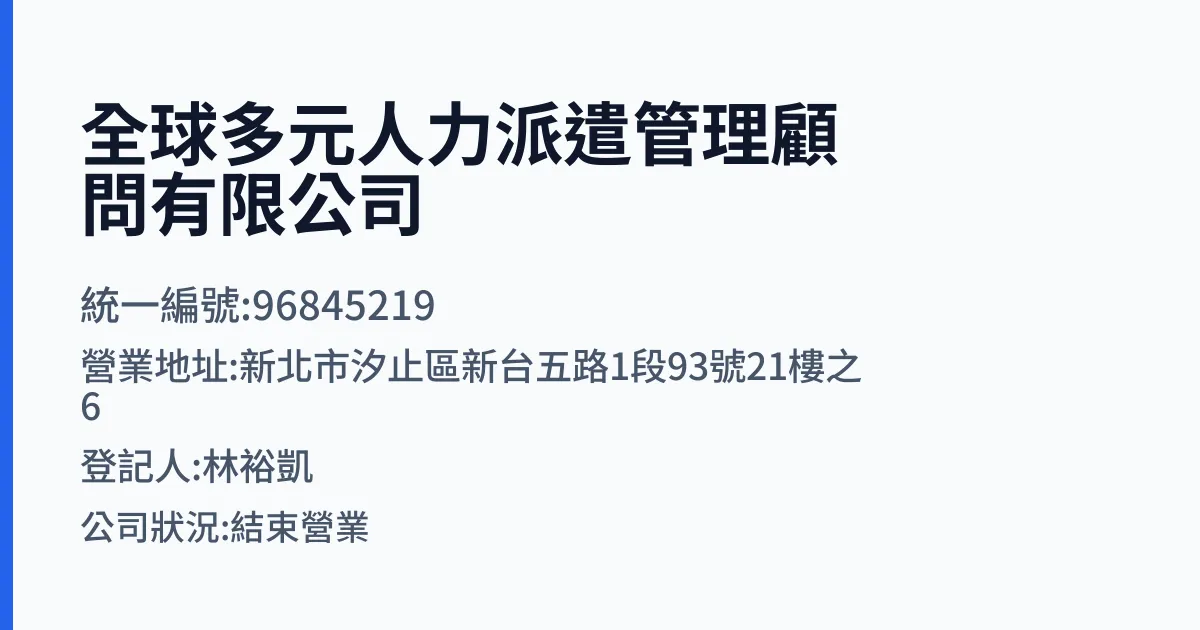 全球多元人力派遣管理顧問有限公司 - 統編 96845219(新北市) 公司登記資料與營業項目詳細圖表