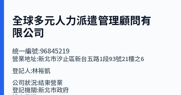 全球多元人力派遣管理顧問有限公司的照片-統編 96845219(新北市) 公司登記資料與營業項目詳細圖表